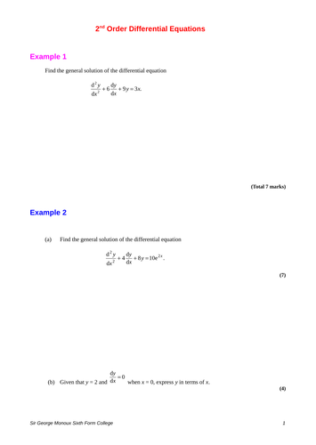 Second order Differential Equations | Teaching Resources Second order Differential Equations | Teaching Resources