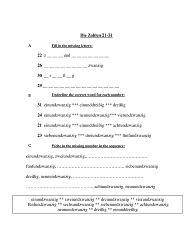 Number worksheets - German | Teaching Resources