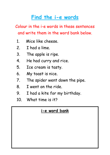 Find and colour the 'i-e' words | Teaching Resources
