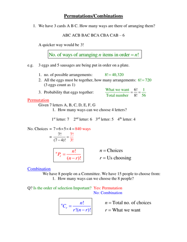 Permutation and Combinations Revision | Teaching Resources