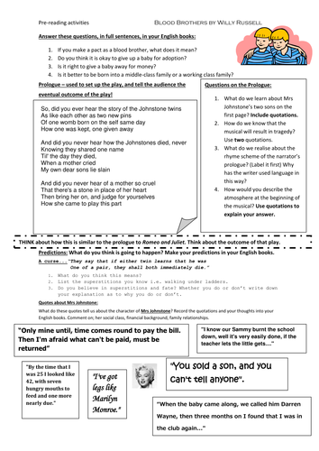 Pre-reading activities on Blood Brothers | Teaching Resources