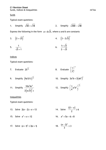 Extra C1 Surds and Indices Revision | Teaching Resources Extra C1 Surds and Indices Revision | Teaching Resources
