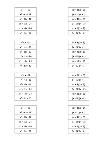 Matching Cards - Factorising Quadratics | Teaching Resources