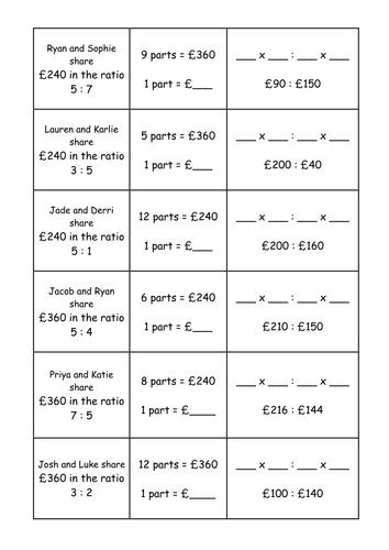 Maths Matching Cards KS3 Ratio Dividing a Quantity | Teaching Resources Maths Matching Cards KS3 Ratio Dividing a Quantity | Teaching Resources
