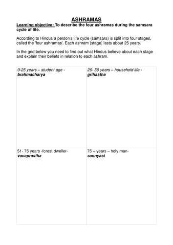 The four ashramas: students complete grid | Teaching Resources