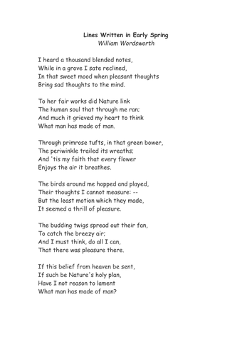 Lines Written in Early Spring - William Wordsworth | Teaching Resources