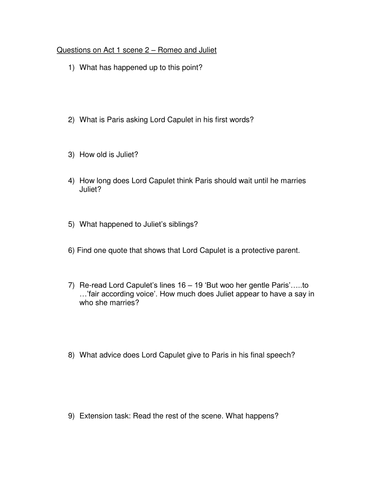 Romeo & Juliet: Questions Worksheet for 1.2 | Teaching Resources