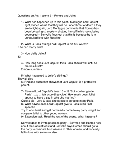 Romeo & Juliet: Questions Worksheet for 1.2 | Teaching Resources