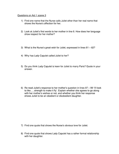 Romeo & Juliet: Act 1 Scene 3: Questions Worksheet | Teaching Resources