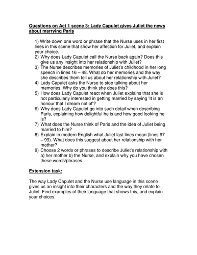 Romeo & Juliet: Act 1 Scene 3: Questions Worksheet | Teaching Resources