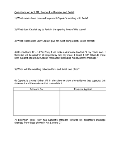Romeo & Juliet: Act 3 Scene 4 Questions Worksheet | Teaching Resources