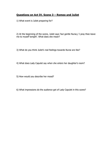 Romeo & Juliet: Worksheet Questions: Act 4 Scene 3 | Teaching Resources