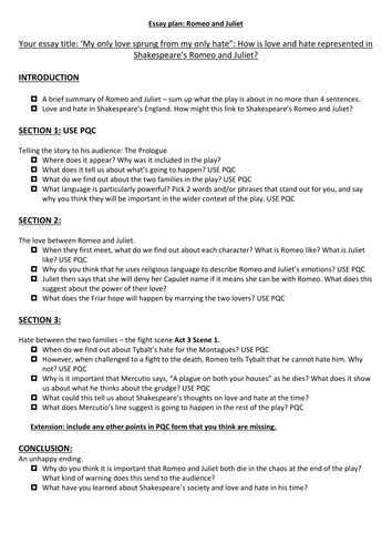 Romeo & Juliet: Essay Plan Worksheet Resource | Teaching Resources