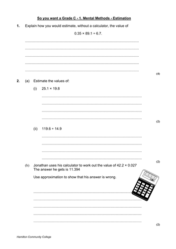 So You Want a Grade C - Mental Methods Estimation | Teaching Resources