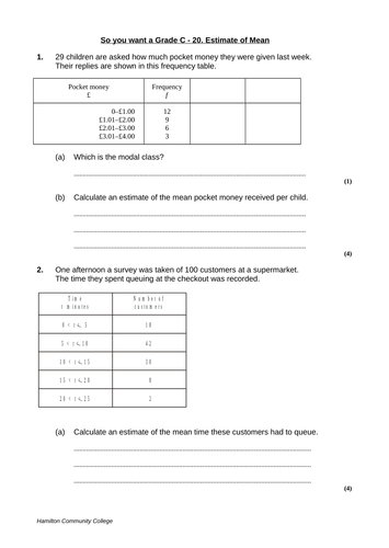 GSCE Maths worksheet - Estimate of the Mean gradeC | Teaching Resources