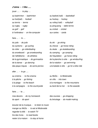 J'aime & activities vocabulary | Teaching Resources