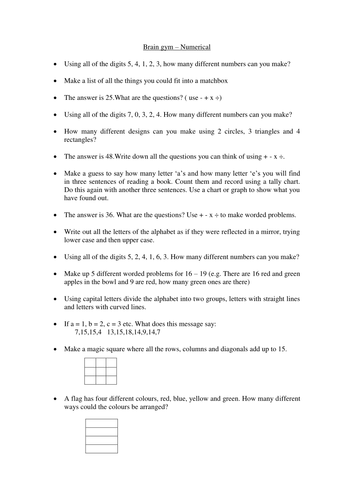 Brain gym numerical activities | Teaching Resources