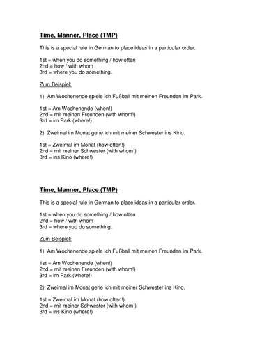 TMP (Time, Manner, Place) with hobbies | Teaching Resources
