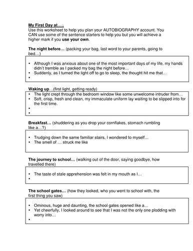 Autobiography: First day at Secondary School | Teaching Resources