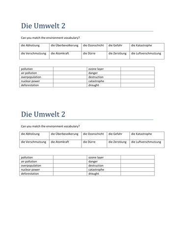 die Umwelt 2 match up | Teaching Resources