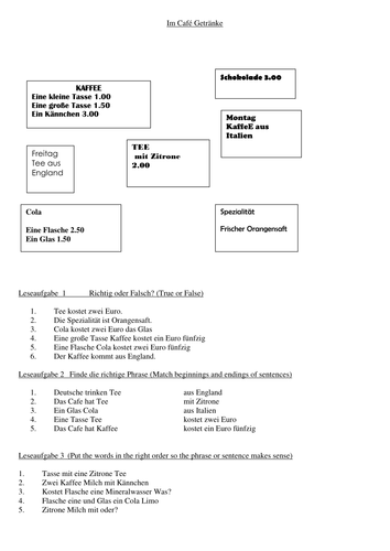 At the cafe Reading Tasks | Teaching Resources
