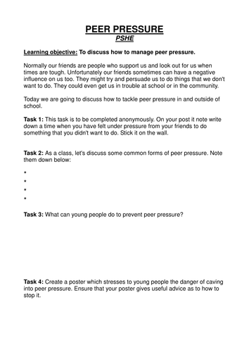 How to manage peer pressure: PSHE tasks | Teaching Resources How to manage peer pressure: PSHE tasks | Teaching Resources