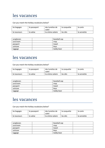 les vacances match up | Teaching Resources