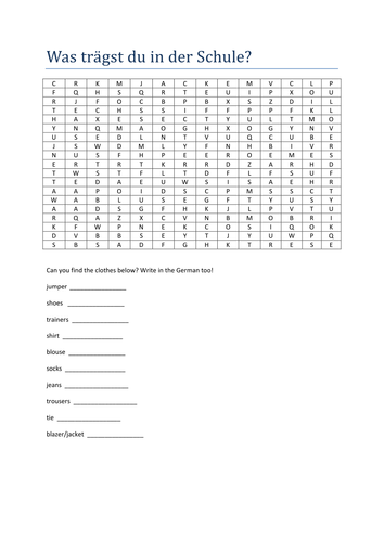 Was traegst du in der Schule? Wordsearch | Teaching Resources
