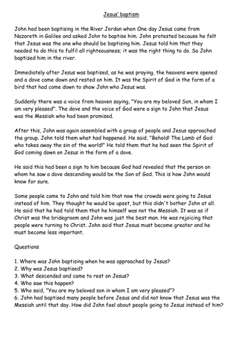 Baptism of Jesus - literacy sheet | Teaching Resources