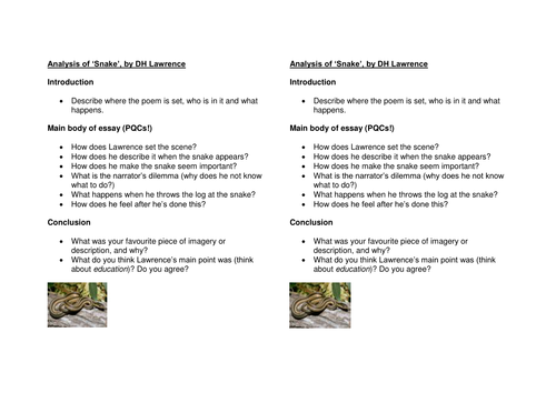 Analysis of ‘Snake’, by DH Lawrence - essay plan | Teaching Resources