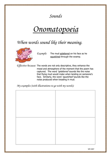 onomatopoeia, rhyme and assonance worksheets | Teaching Resources