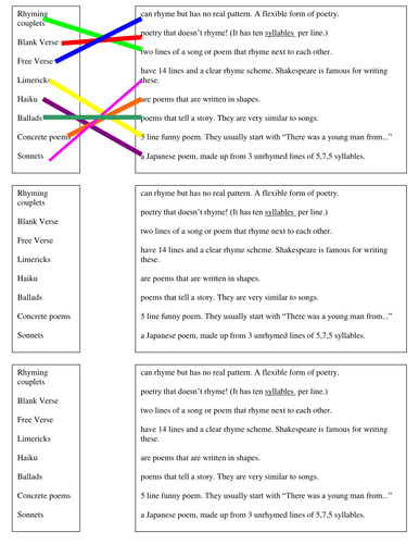Introduction to poetry - match up activity | Teaching Resources