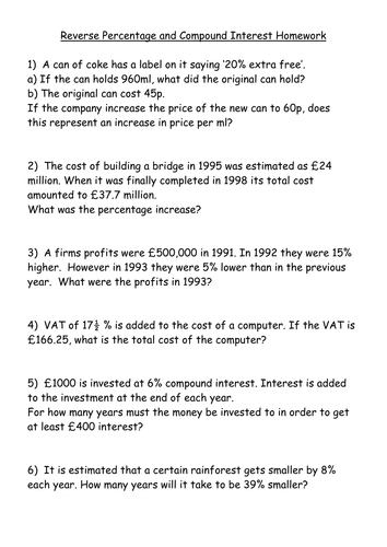 KS4 Worksheet – Reverse % and Compound Interest | Teaching Resources