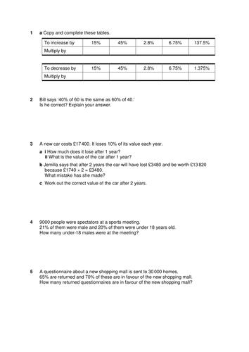 KS4 Worksheet – U2 percentages | Teaching Resources
