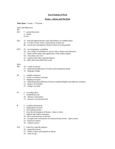 SOW - Johnny and the Dead | Teaching Resources