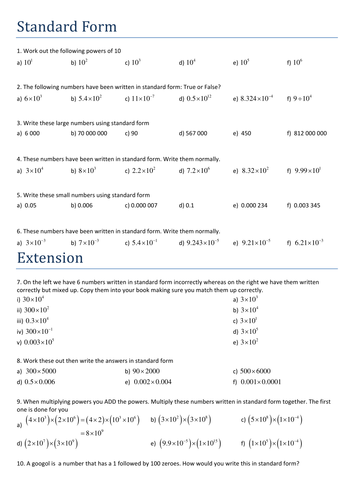 Maths Worksheet: Standard Form at Foundation | Teaching Resources