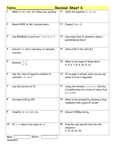 Maths Revision Sheets For Foundation Gcse Teaching Resources