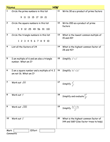 HW Types of number, product of primes and powers | Teaching Resources