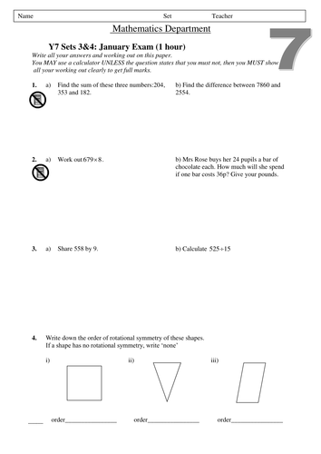 Y7 set 3&4 test January | Teaching Resources