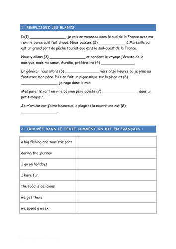 Mes vacances (present tense) | Teaching Resources