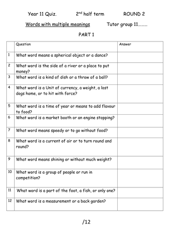 Quiz for tutor time. Mixed topics weekly set 1 | Teaching Resources