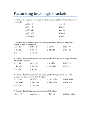 Gcse Factorising Into Single Brackets Worksheet By Tristanjones