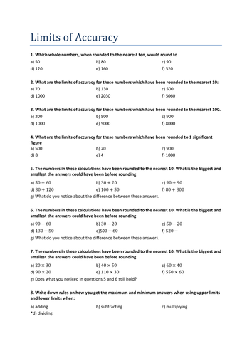 Limits of Accuracy - KS3 Worksheet | Teaching Resources