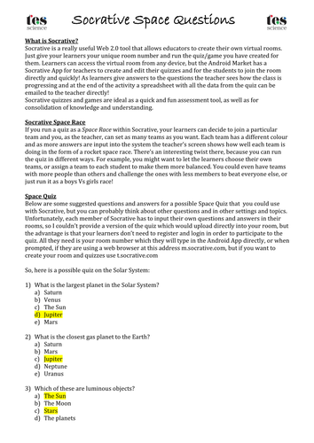 Socrative Space Questions | Teaching Resources