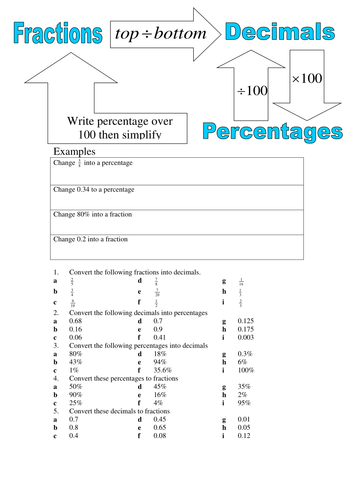 Maths Fractions decimals and percentages worksheet | Teaching Resources