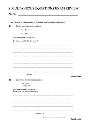 Simultaneous Equations Exam Review Unit 3 H AQA | Teaching Resources