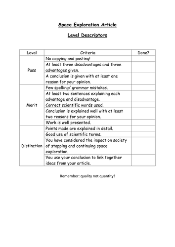 Space Exploration Debate and Self-Assessment | Teaching Resources