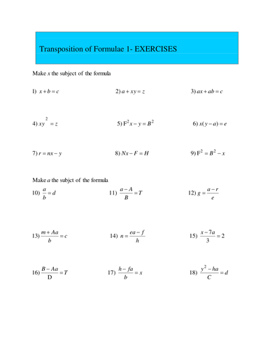 Trasposition of Formulae 1 | Teaching Resources