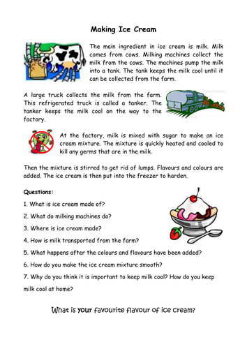 Reading Comprehension - Making Ice Cream | Teaching Resources
