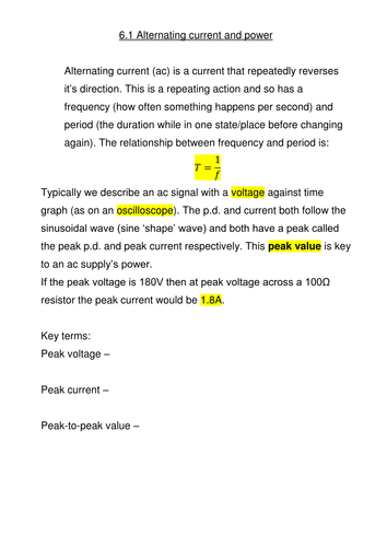 Alternating Current & Power notes for As Level Phy | Teaching Resources